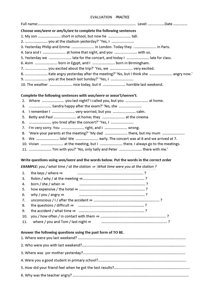 Practice - To Be Past Tense | PDF
