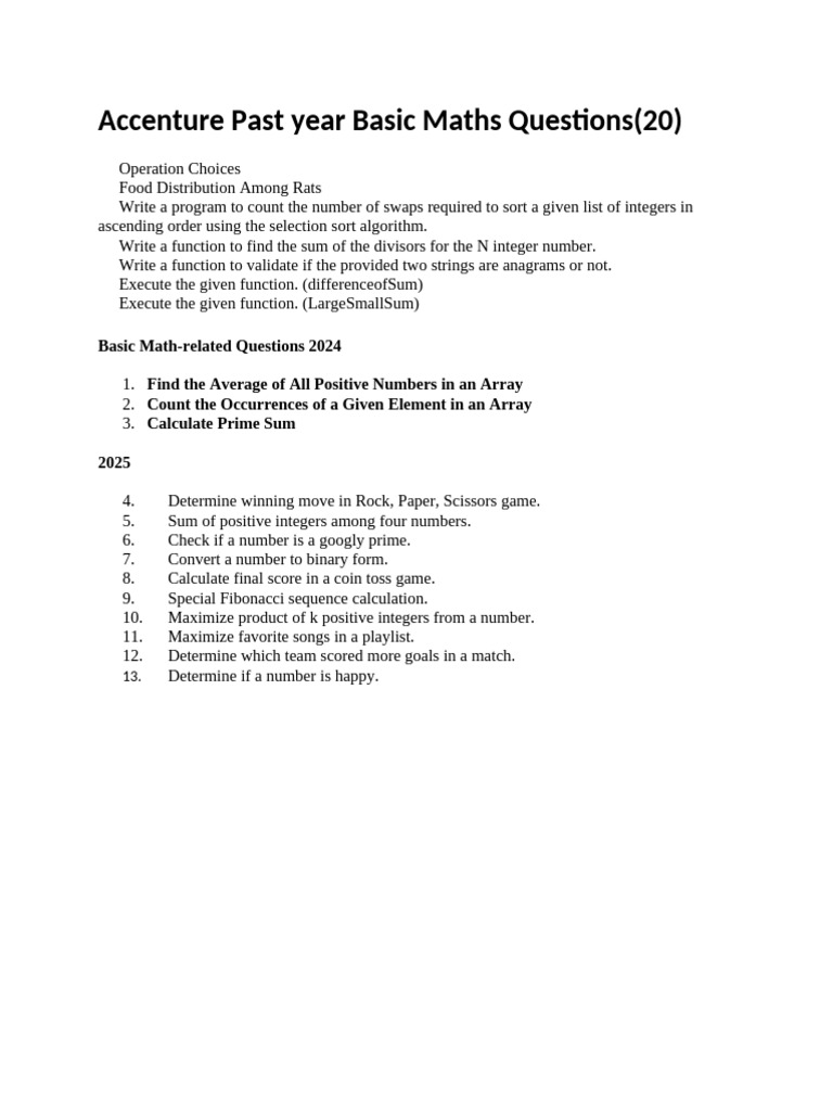 Accenture Past Year Basic Maths Questions | PDF
