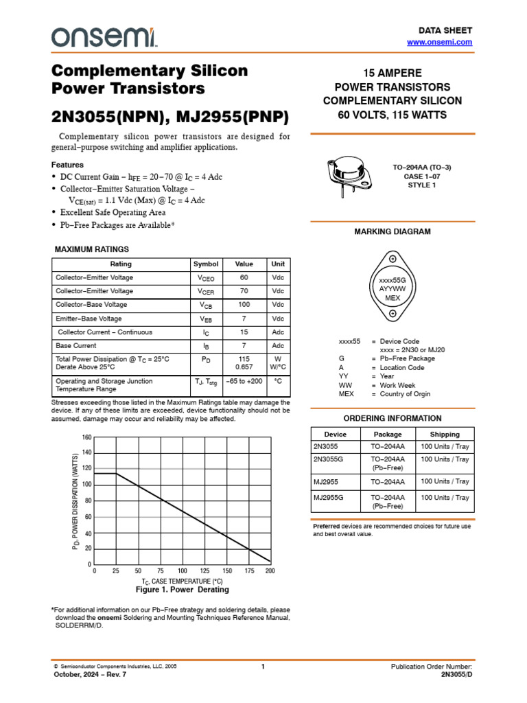 Complementary Silicon Power Transistors 2N3055 (NPN), MJ2955 (PNP ...