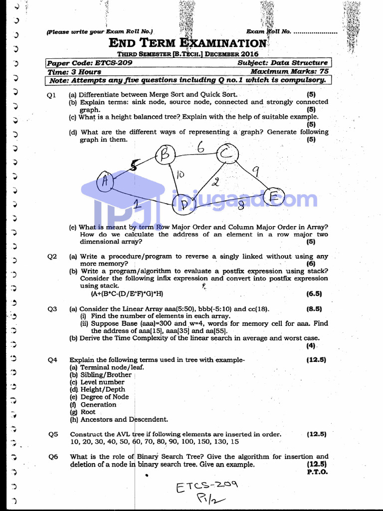 Ipjugaad - B Tech 3rd Sem Data Structure Paper 2016 | PDF | Teaching Methods & Materials | Computers