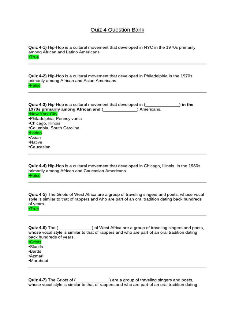 Quiz 4 Question Bank- fully answered | PDF | Rapping | Hip Hop Music