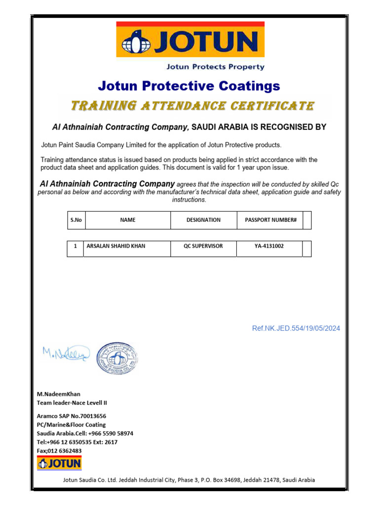 Jotun Training Certificate Athnainiah Contracting Company Arsalan ...