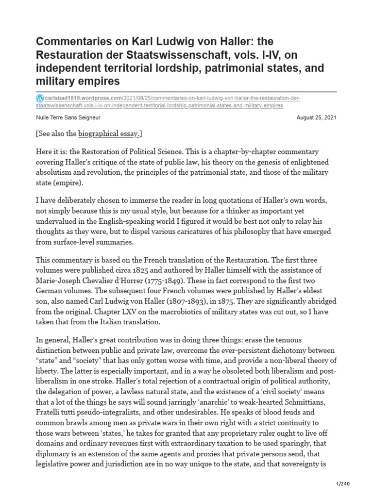 Haller's Patrimonial State Theory Explained | PDF | Social Contract ...