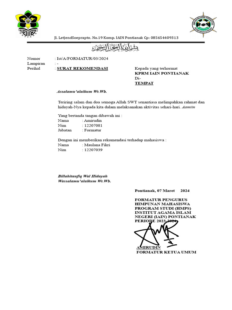 Surat Rekomendasi KPRM (HMPS) | PDF
