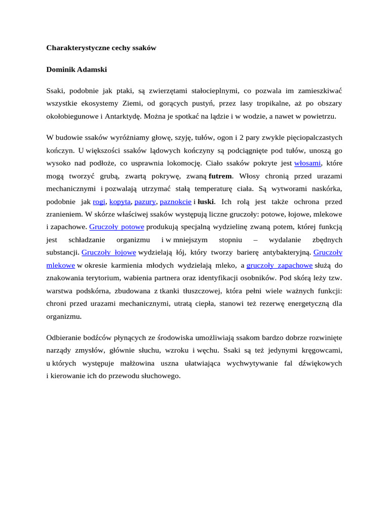 Charakterystyczne Cechy Ssaków | PDF