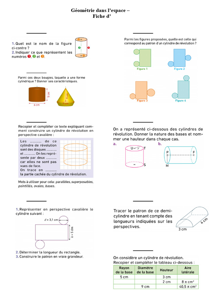 Fiche d'exercices sur les cylindres | PDF | Technologie et ingénierie