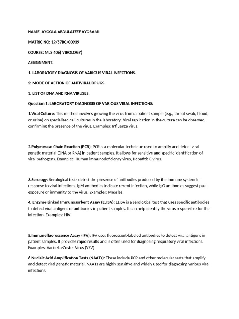 NAME - AYOOLA AY VIROLOGY WPS Office | PDF | Virus | Antiviral Drug