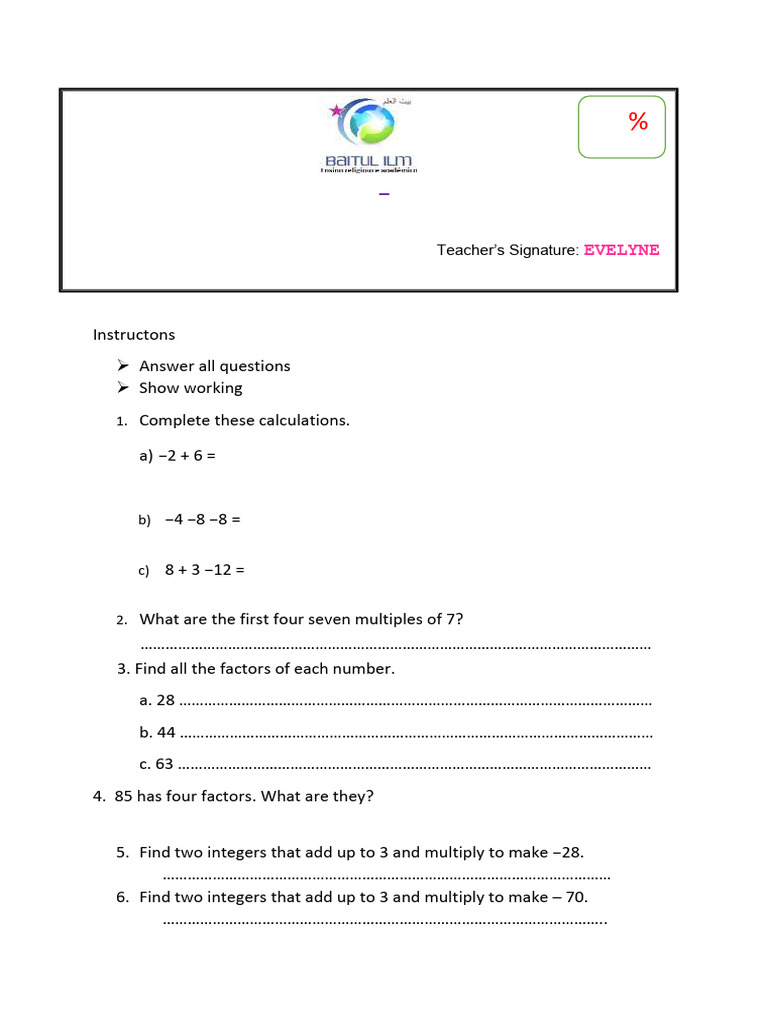 Gr7maths Quiz 1 2024 | PDF