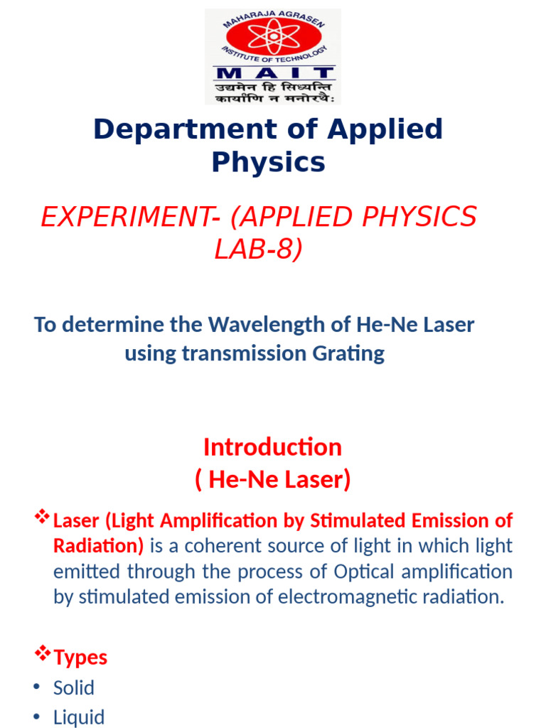 Experiment No 8 Wavelength of He Ne Laser | PDF | Diffraction | Laser