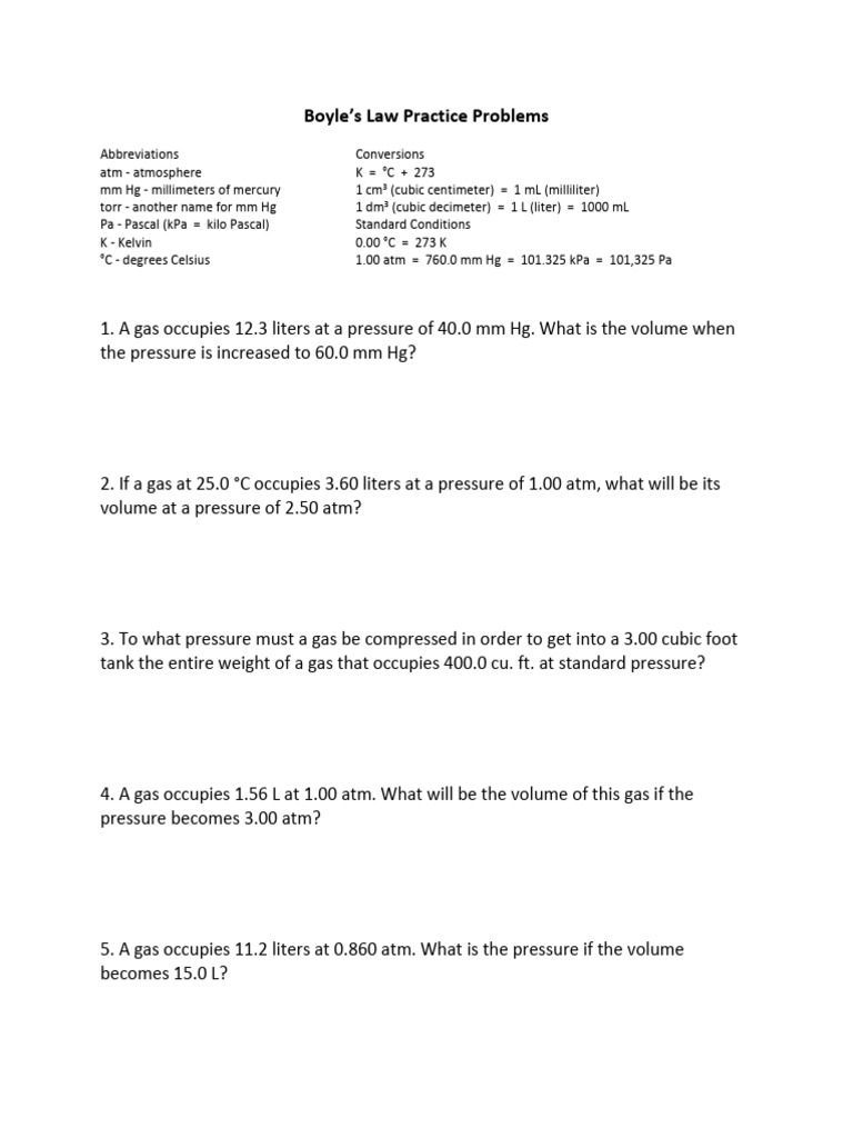 Boyles Law Practice Problems | PDF | Pressure | Gases