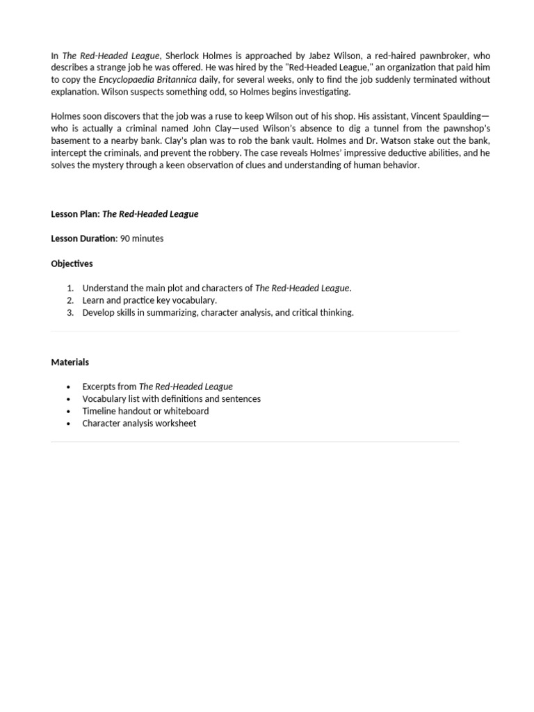 Red-Headed League Lesson Plan | PDF | The Red Headed League | Sherlock ...