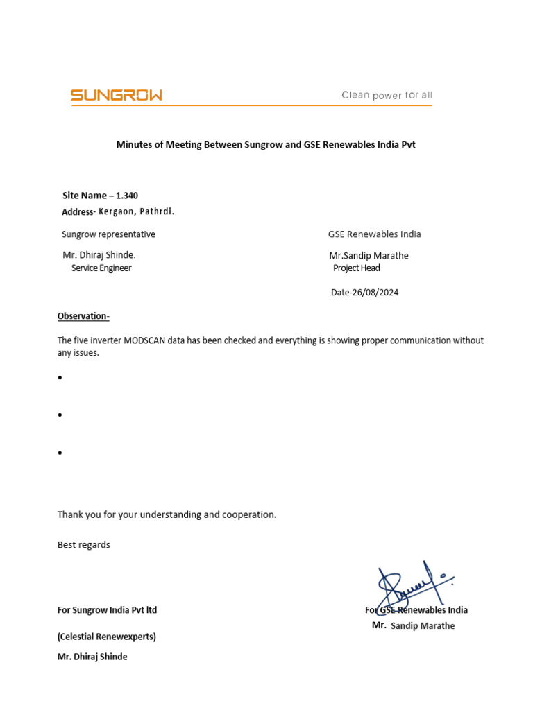 MOM GSE Renewables India - Sarada Palnt Pathardi - FINAL | PDF