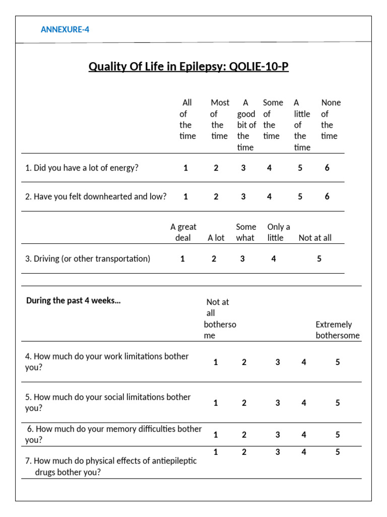 QOLIE-10: Epilepsy Quality of Life Assessment | PDF | Psychology ...