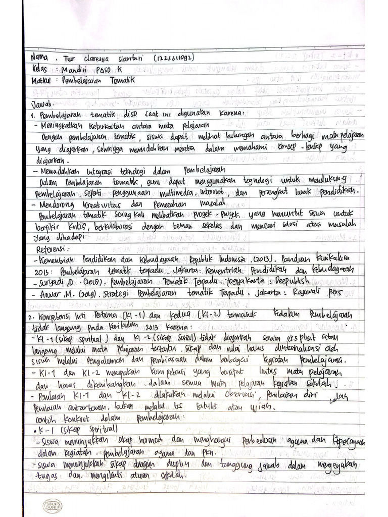 Uts Pembelejaran Tematik Tiur Claresya Sianturi | PDF