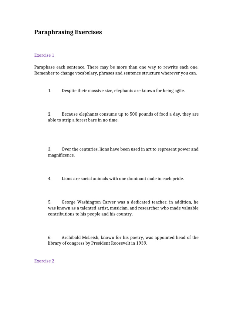 Paraphrasing Exercises With Answers | PDF Paraphrasing Exercises With Answers | PDF
