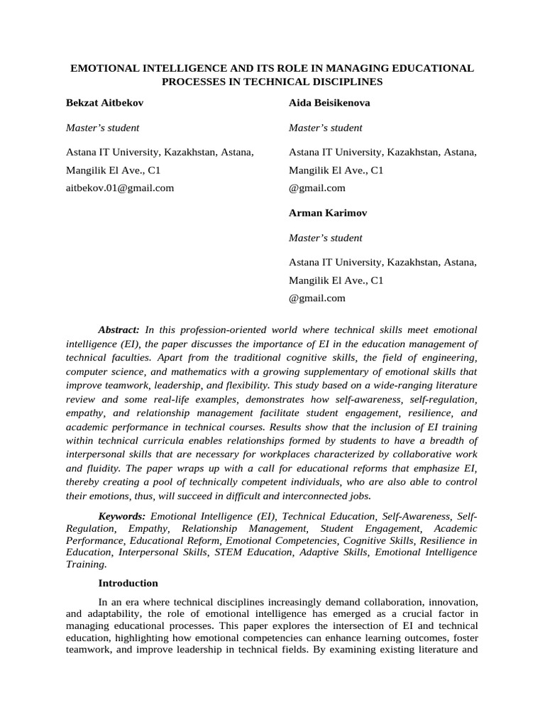 Emotional Intelligence in Technical Education | PDF | Emotional Intelligence | Psychological ...