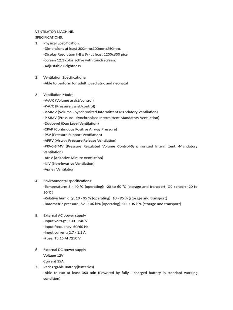 Advanced Ventilator Machine Specs | PDF