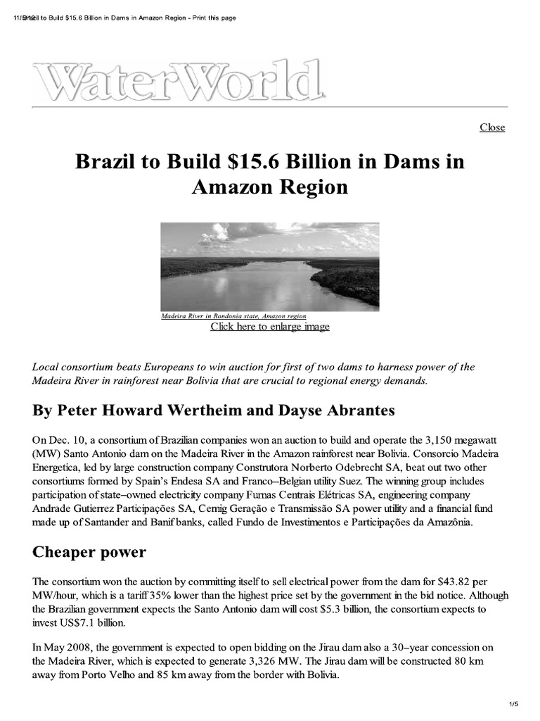 Brazil To Build $15.6 Billion in Dams in Amazon Region - Water World | PDF