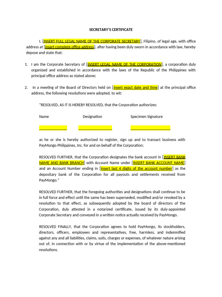 Secretary's Certificate Template v3 | PDF | Notary Public | Justice