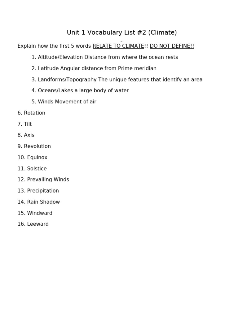 Unit 1 Vocabulary List #2 | PDF