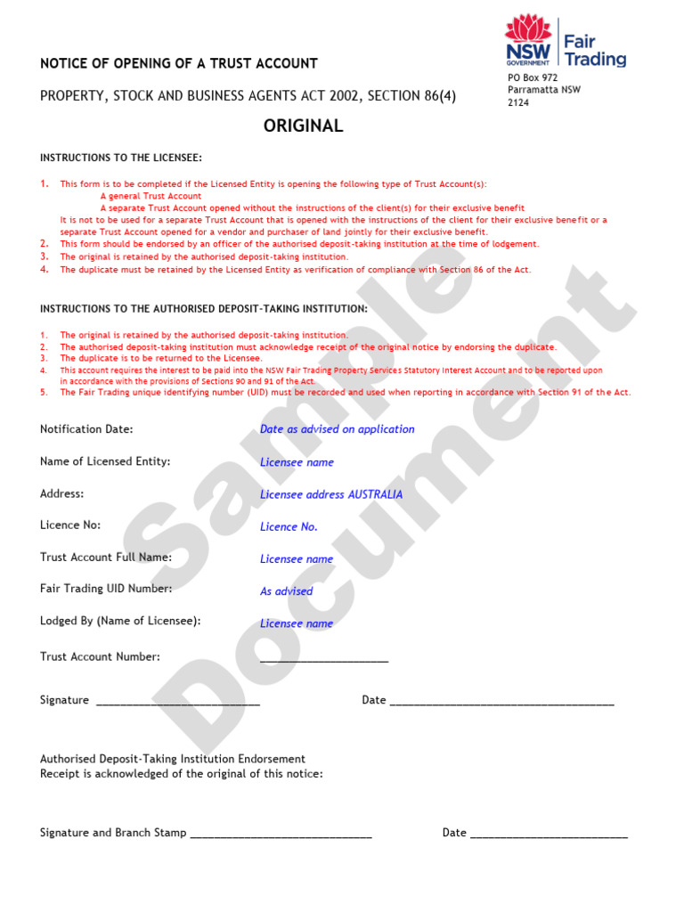 Trust Account Opening Notice Form | PDF | License