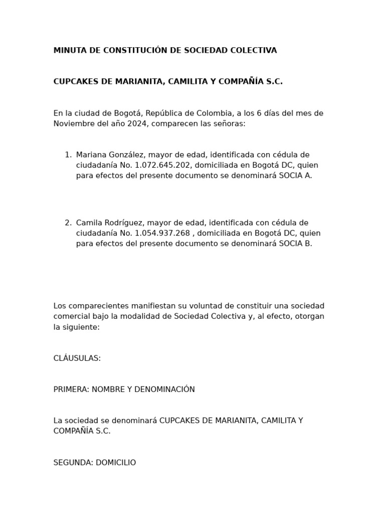 Minuta Sociedad Colectiva | PDF | Bogotá | Sociedad de responsabilidad ...