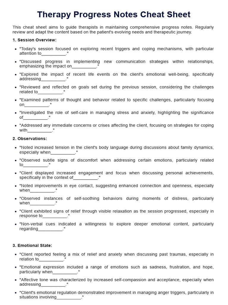 Therapy-Progress-Notes-Cheat-Sheet 3 | PDF | Emotions | Psychotherapy