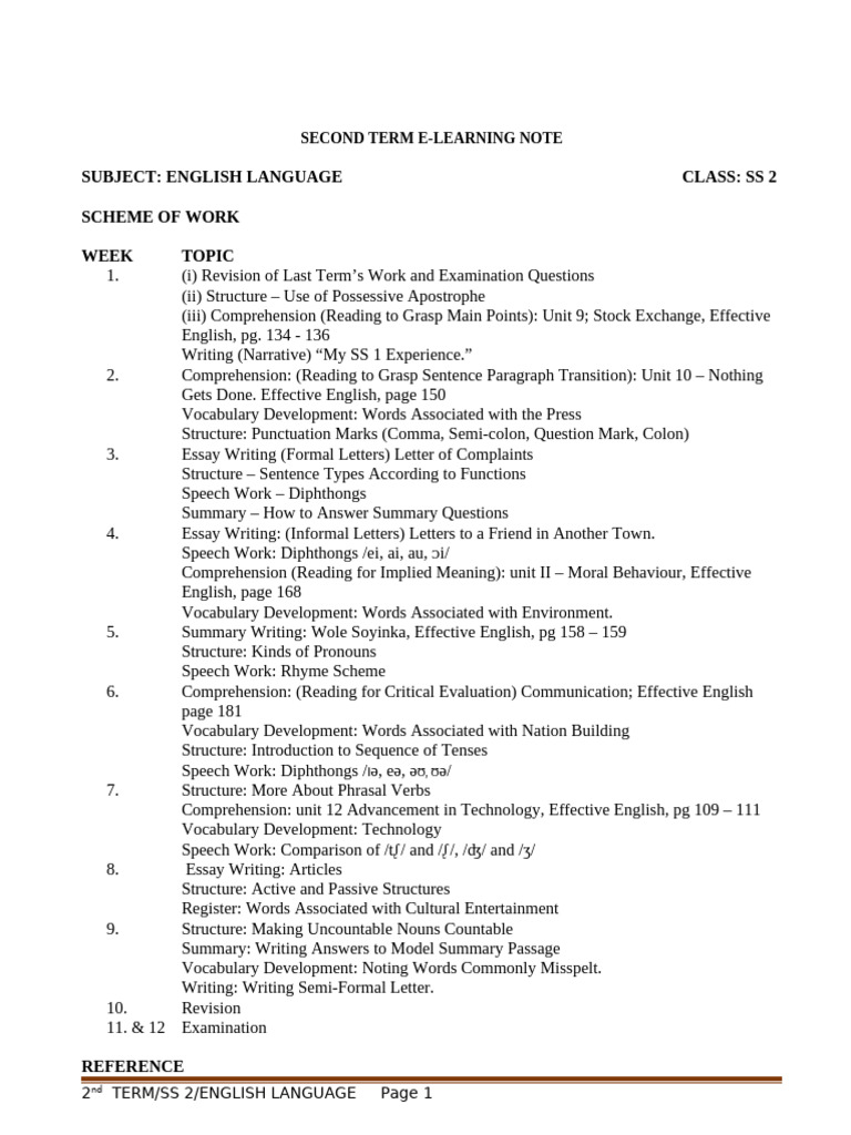 Second Term SS2 English Studies | PDF | Pronoun | Cost Of Living