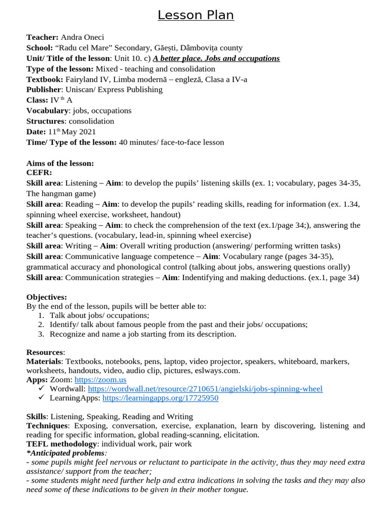 Jobs and Occupations Lesson Plan | PDF | Teachers | Reading Comprehension