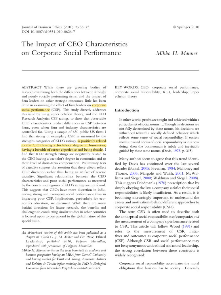 The Impact of CEO Characteristics On Corporate Social Performance | PDF ...