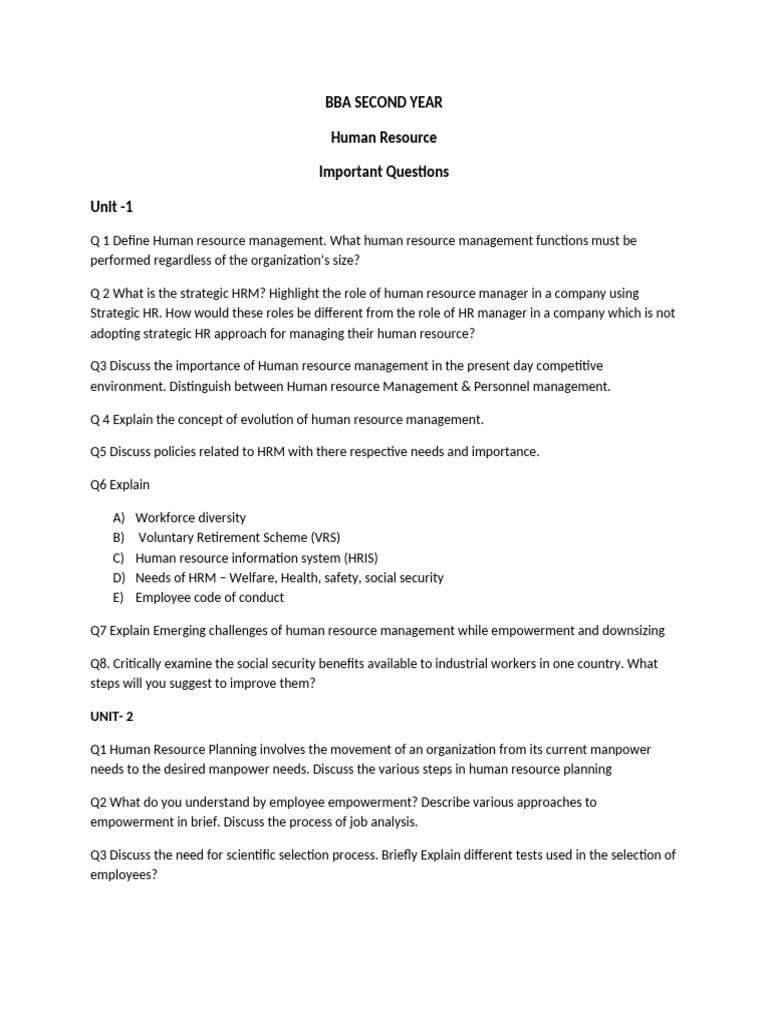 Important Questions of HRM | PDF | Human Resource Management | Human ...