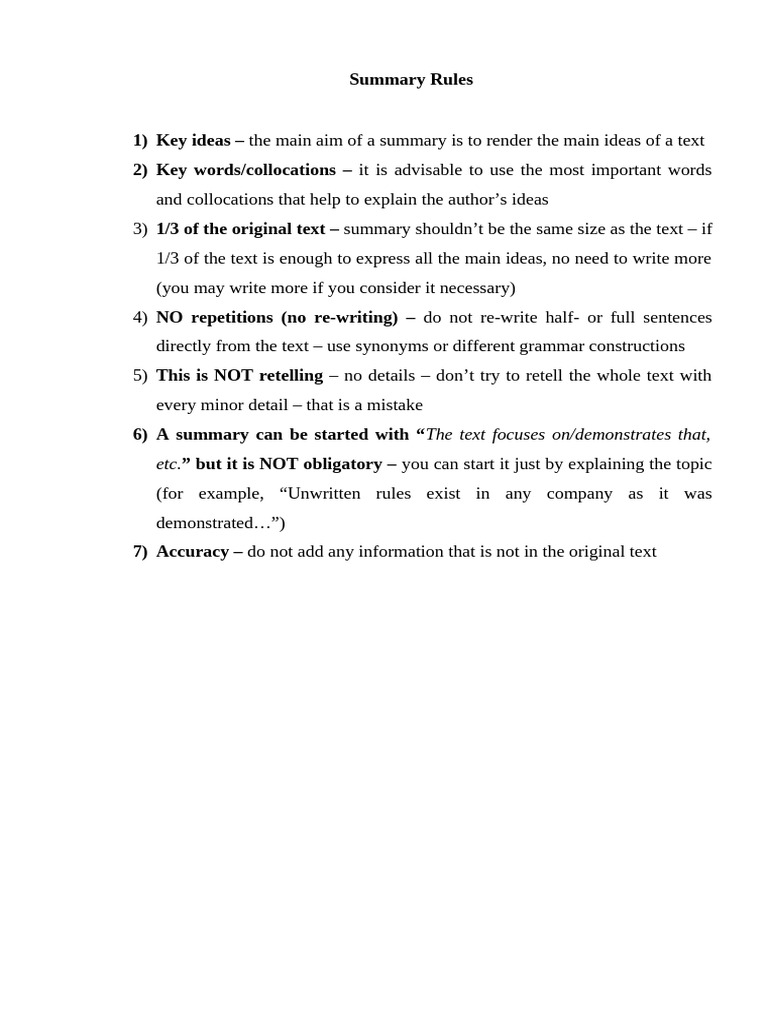Summary Rules | PDF | Language Arts & Discipline
