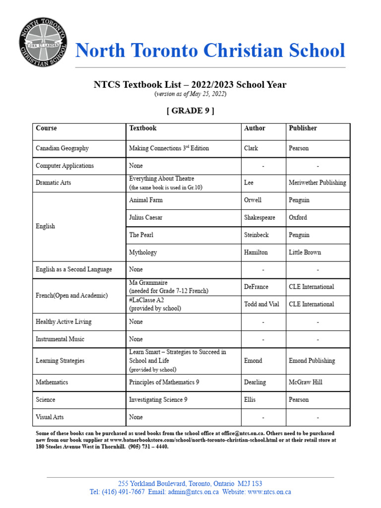 Grade 9 Textbook List | PDF
