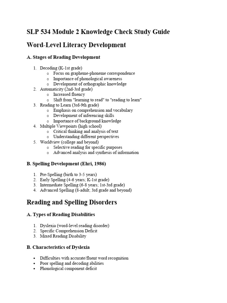 SLP 534 Module 2 Study Guide | PDF | Reading Comprehension | Dyslexia