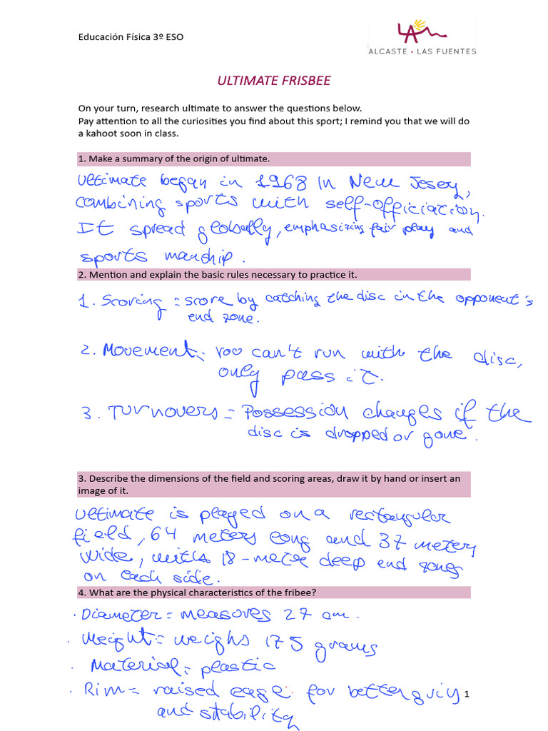 Ultimate Frisbee Guide for 3rd ESO | PDF