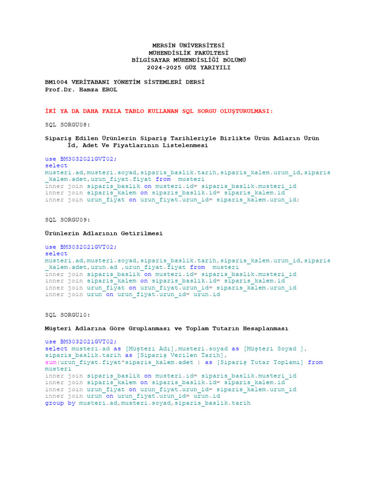 BM1004 2425G H0403 SQL Sorgulama Ve Hesaplama | PDF