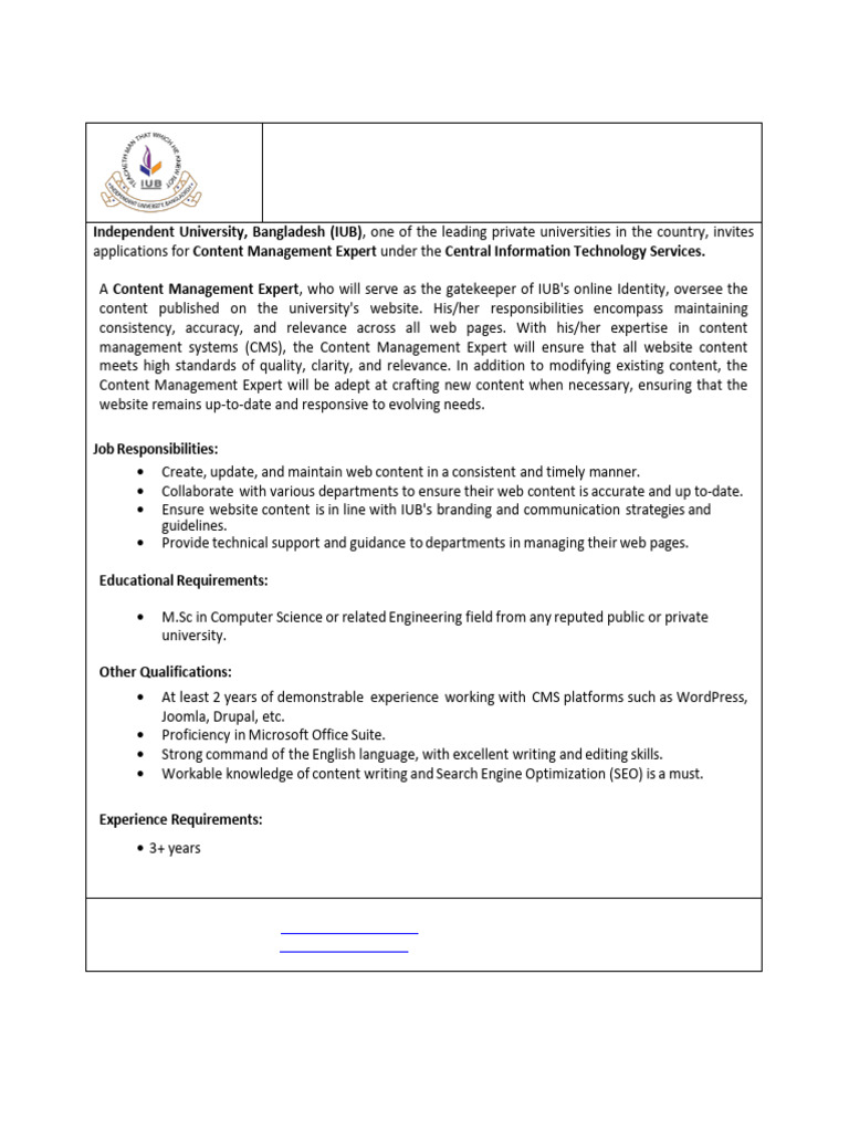 Content Management Expert Job at IUB | PDF | Computers