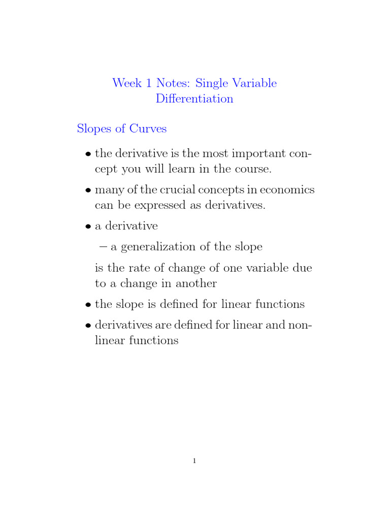 Week 1 Notes: Single Variable Differentiation Slopes of Curves | PDF ...