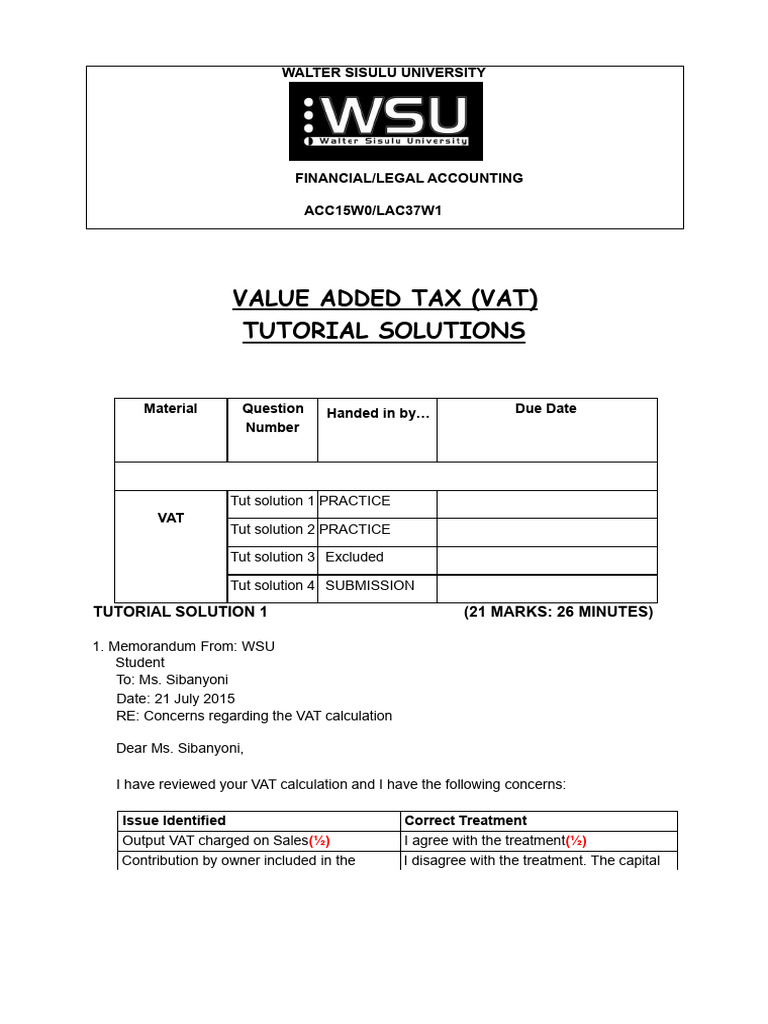 VAT 2020 Tutorial Solutions | PDF | Value Added Tax | Debits And Credits