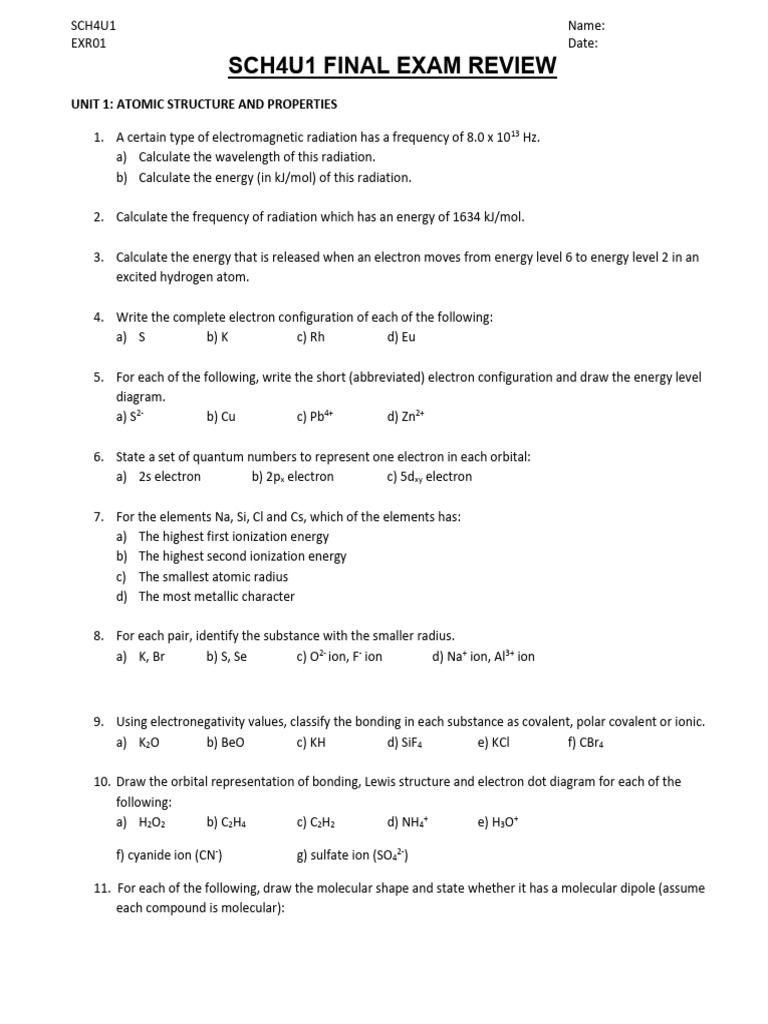 SCH4U - Final Exam Review 2022 | PDF | Chemical Equilibrium | Ionic Bonding