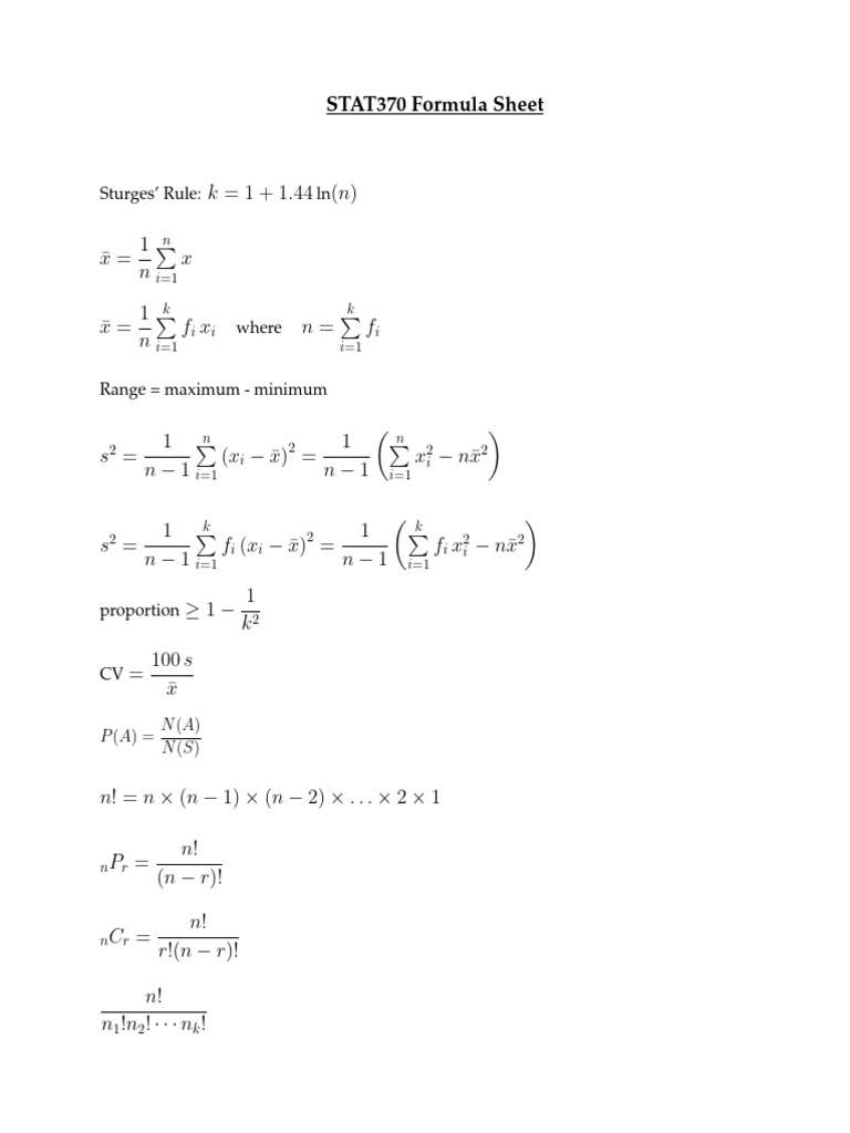 Engineering Stats Formula Sheet | PDF | Variance | Analysis