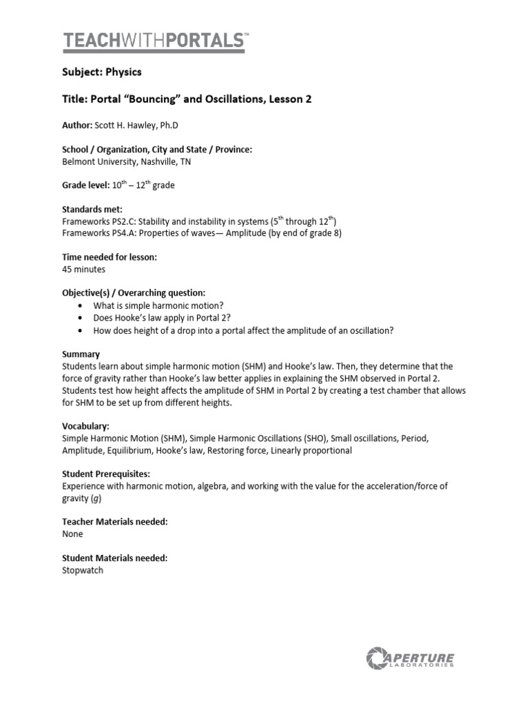 Portal 2 Lesson Plan Portal Bouncing Oscillations L2 | PDF ...