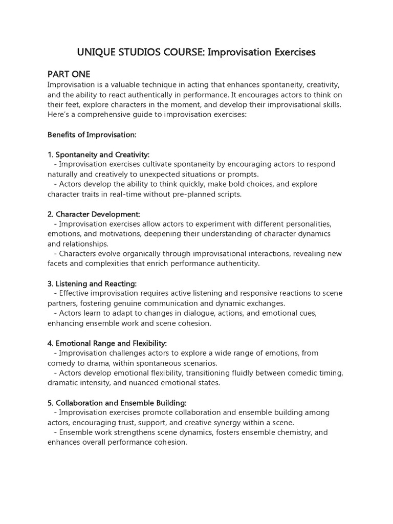 UNIQUE STUDIOS COURSE Improvisation Exercises | PDF | Improvisation ...