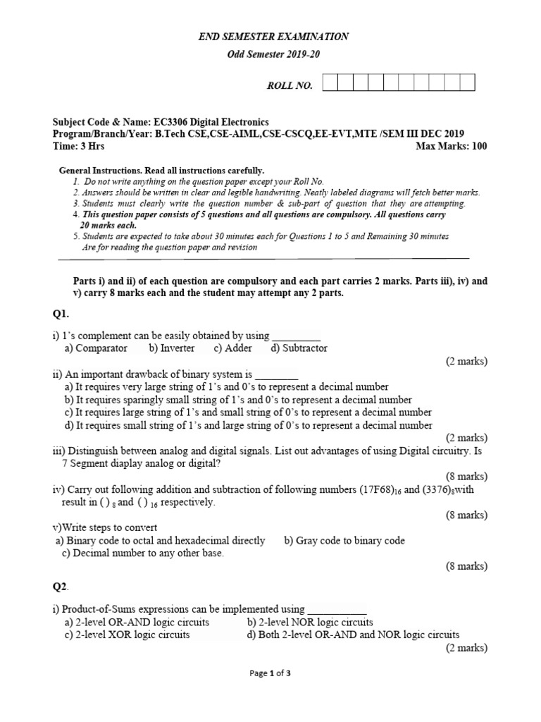 Digital Electronics Exam Paper 2019-20 | PDF | Logic Gate | Electronic ...