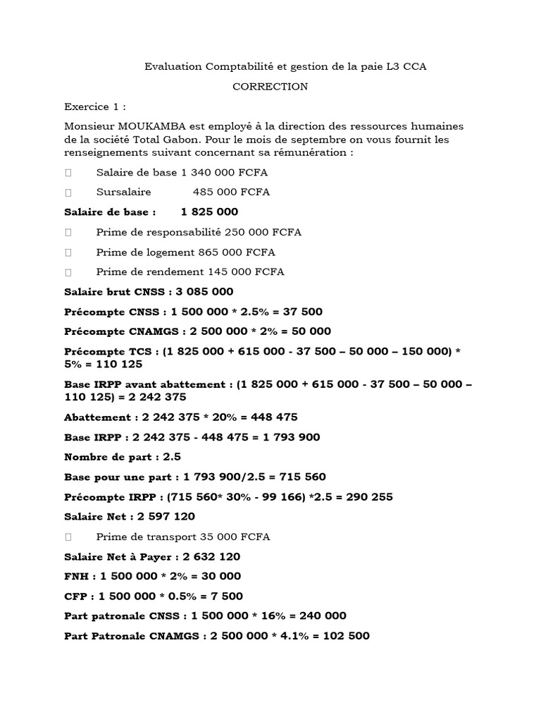 CORRECTION Evaluation Comptabilité Et Gestion de La Paie | PDF | Impôt sur le revenu ...