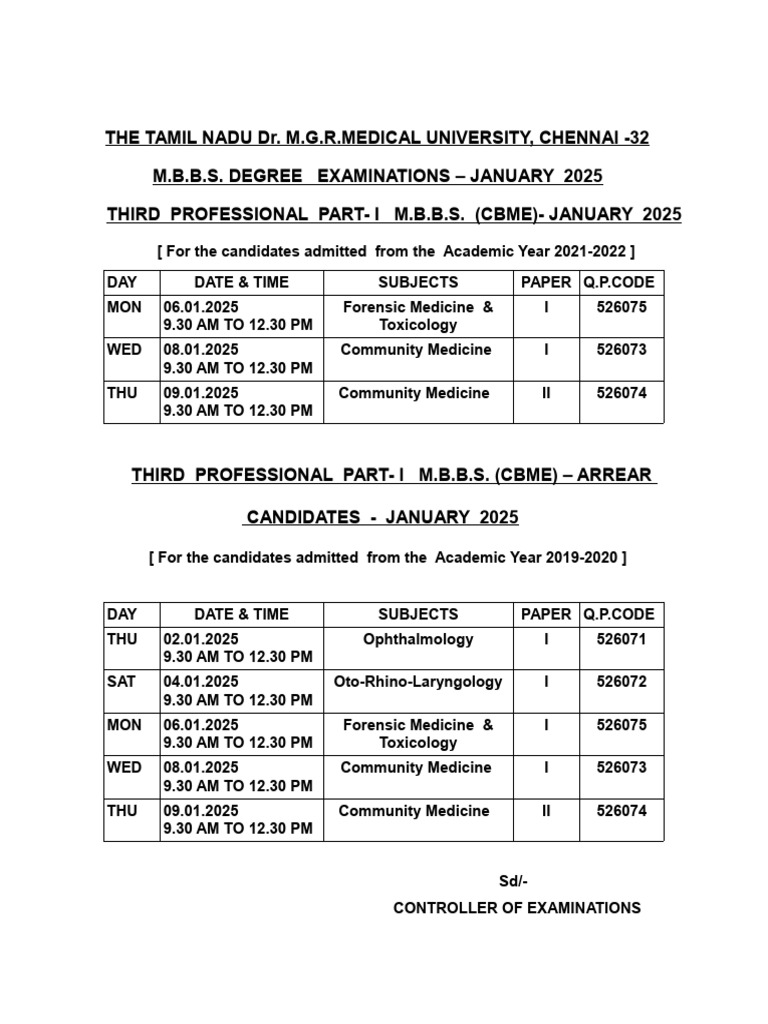 MBBS Exam Schedule Jan 2025 | PDF | Science & Mathematics