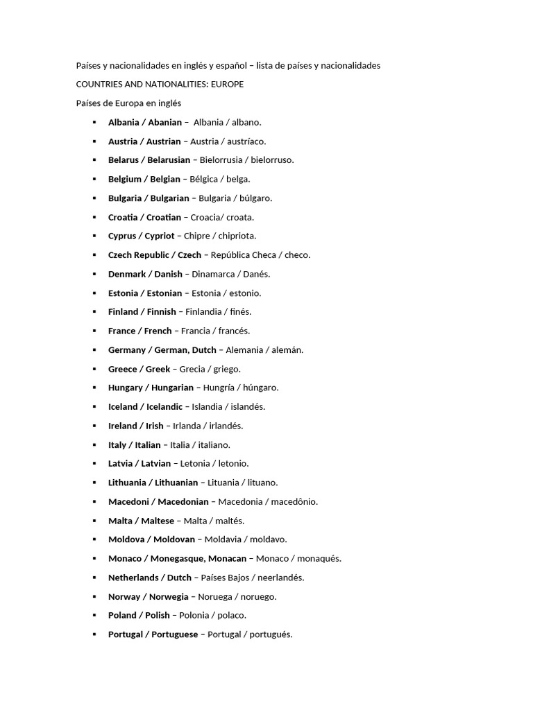 Lista de países y nacionalidades en inglés y español | PDF | Américas ...
