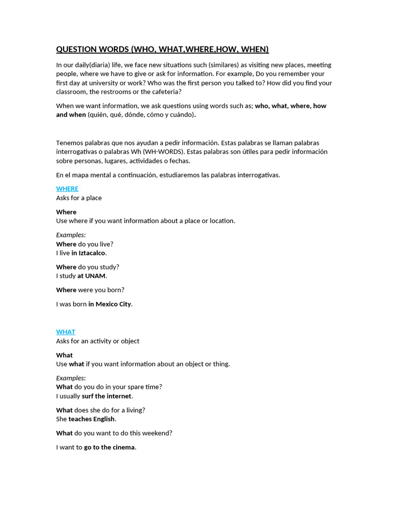 Class 4 - Question Words (Who, What, Where, How, When) | PDF ...