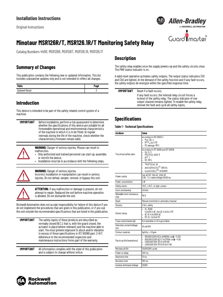 Minotaur MSR126R/T, MSR126.1R/T Monitoring Safety Relay: Summary of ...