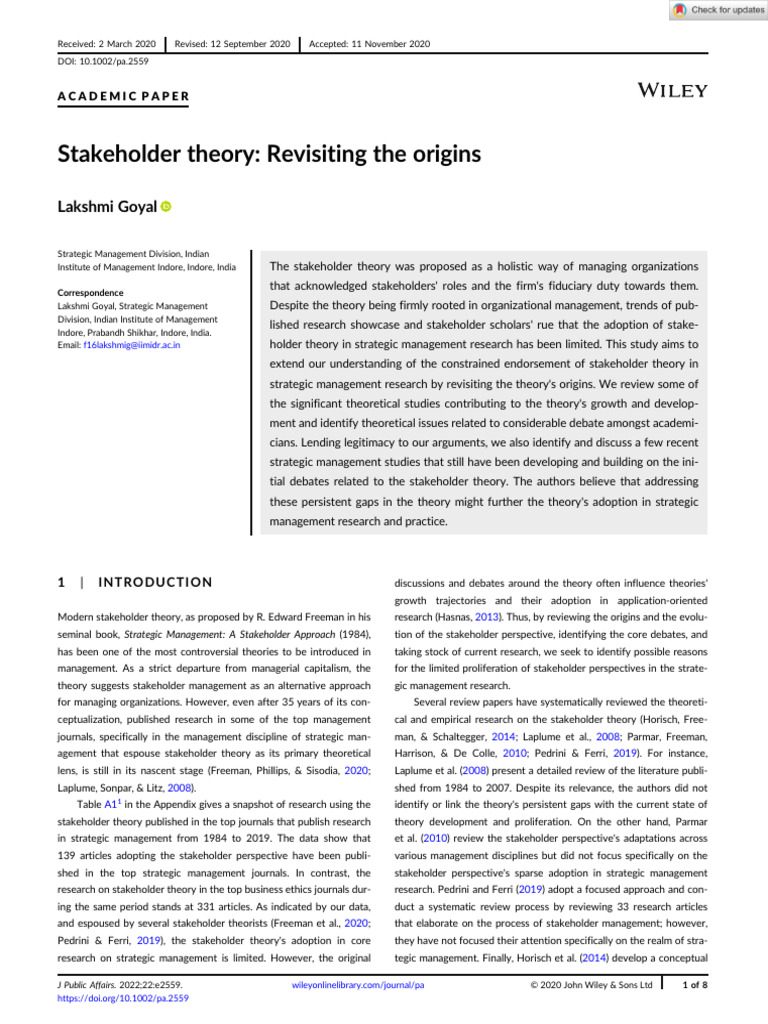 Revisiting Stakeholder Theory Origins | PDF | Stakeholder (Corporate ...